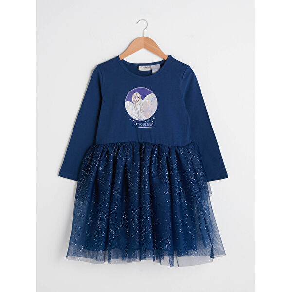Bisiklet Yaka Elsa Baskılı Uzun Kollu Kız Çocuk Elbise
