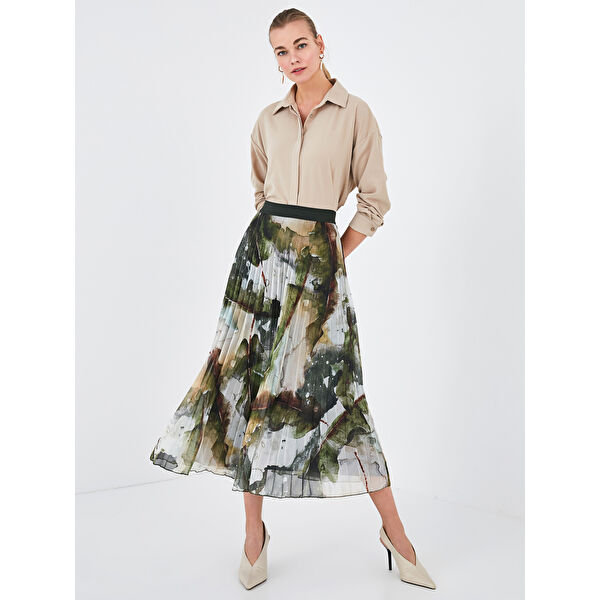 LCW CLASSIC Beli Lastikli Desenli Pileli Etek