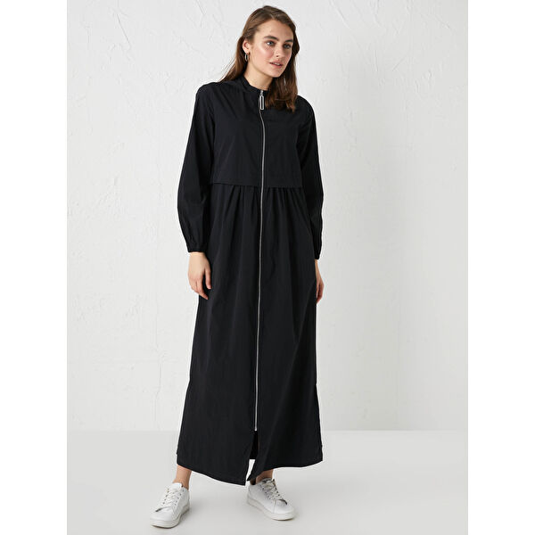 MODEST Kapüşon Yaka Fermuarlı Uzun Kollu Tafetta Kumaş Kadın Elbise