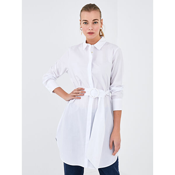 LCW CLASSIC Beli Kemerli Düz Uzun Kollu Poplin Kadın Tunik LCW CLASSIC Beli Kemerli Düz Uzun Kollu Poplin Kadın Tunik