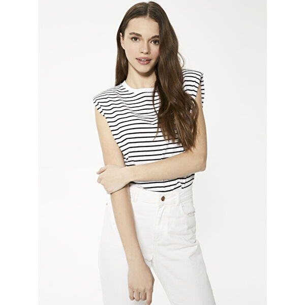 LCW CASUAL Bisiklet Yaka Çizgili Kolsuz Pamuklu Kadın Bluz