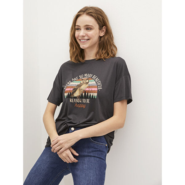 LCW CASUAL Slogan Baskılı Bisiklet Yaka Tişört