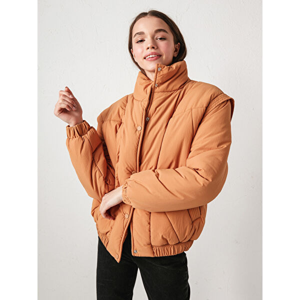 Dik Yaka Uzun Kollu Kalın Kadın Şişme Mont