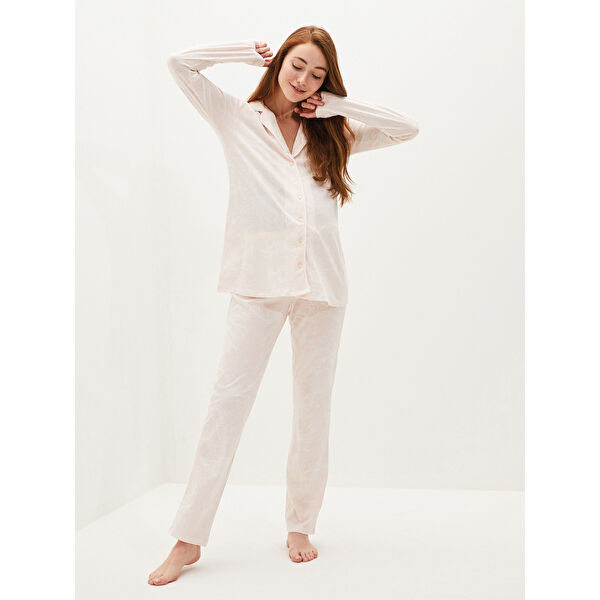 LCW DREAM Gömlek Yaka Baskılı Uzun Kollu Pamuklu Hamile Pijama Takımı