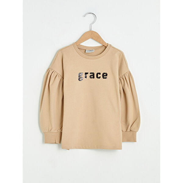 Bisiklet Yaka Pul İşlemeli Uzun Kollu Kız Çocuk Sweatshirt