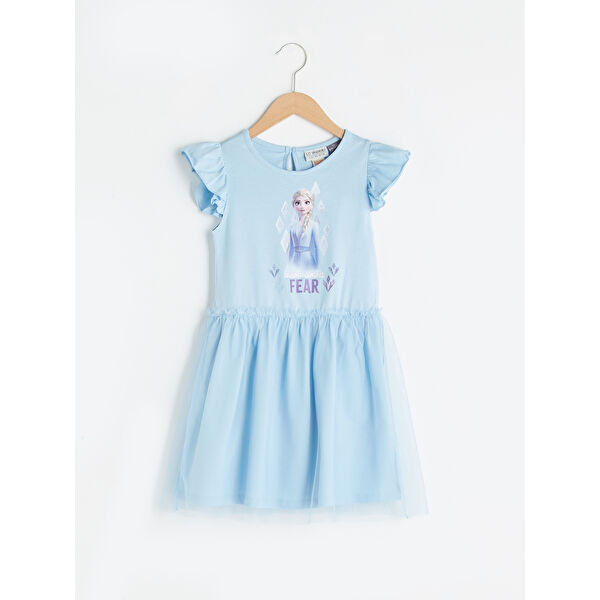 Bisiklet Yaka Elsa Baskılı Kolları Fırfırlı Kız Çocuk Elbise