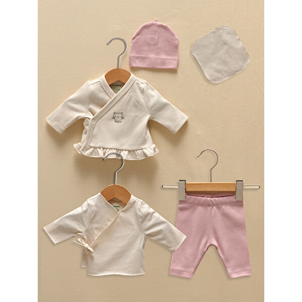 V Yaka Uzun Kollu Organik Pamuklu Kız Bebek Prematüre Hastane Çıkış Seti