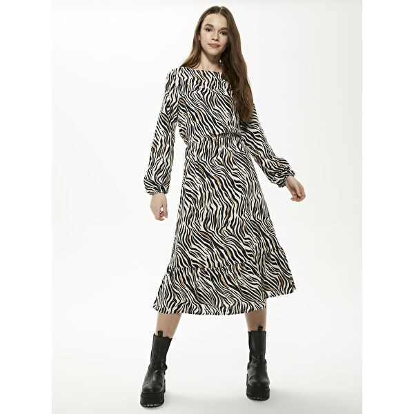 LCW CASUAL Beli Büzgülü Desenli Viskon Elbise