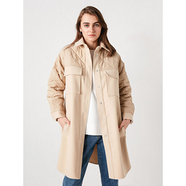 MODEST Gömlek Yaka Cep Detaylı Kendinden Desenli Uzun Kollu Kadın Kaşe Kaban