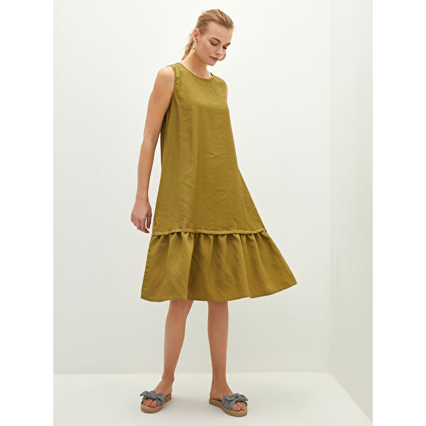 LCW CLASSIC Bisiklet Yaka Düz Kolsuz Fırfır Detaylı Kadın Elbise