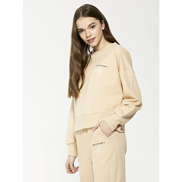 LCW GREEN Bisiklet Yaka Slogan Baskılı Uzun Kollu Kadın Sweatshirt