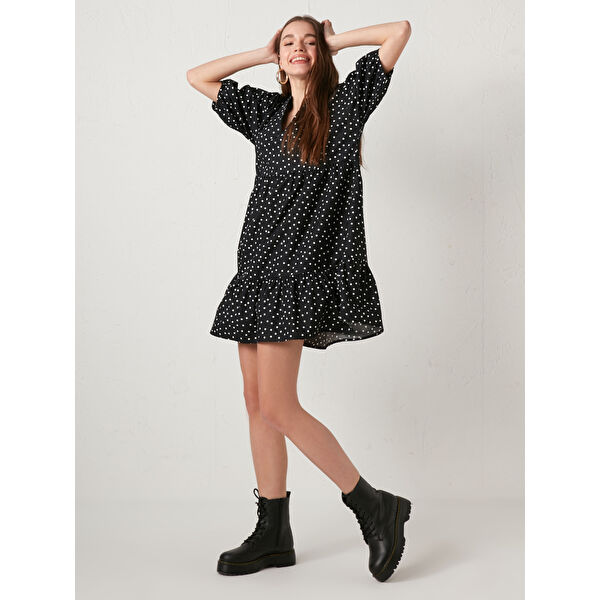 LCW CASUAL V Yaka Puantiye Desenli Kısa Kollu Poplin Kadın Elbise LCW CASUAL V Yaka Puantiye Desenli Kısa Kollu Poplin Kadın Elbise