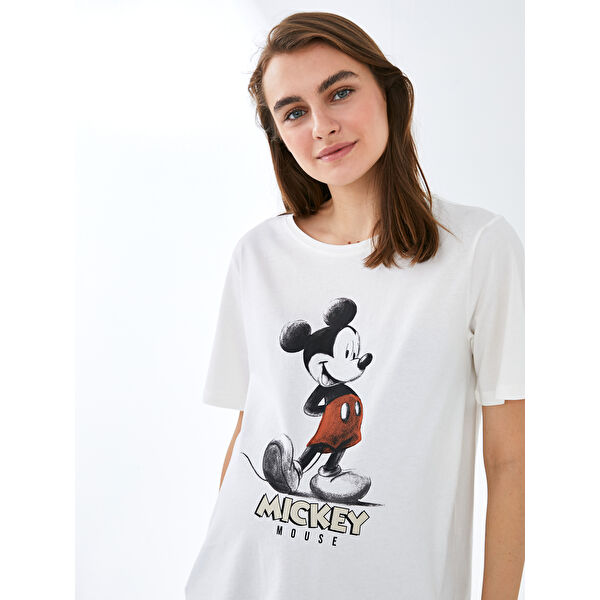 Bisiklet Yaka Mickey Mouse Baskılı Kısa Kollu Hamile Tişört