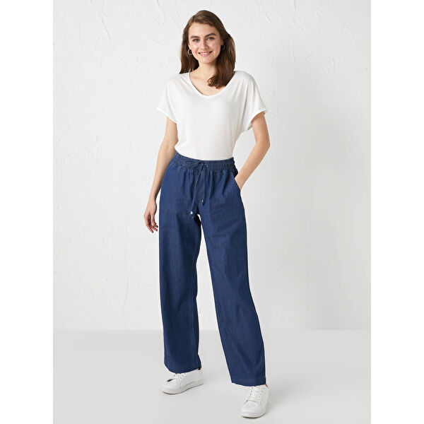 Beli Lastikli Geniş Paça Cep Detaylı Kadın Jean Pantolon