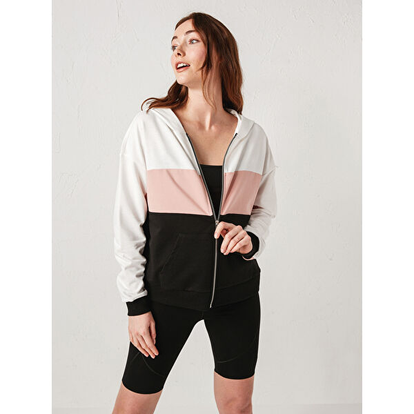 LCW CASUAL Kapüşonlu Renk Bloklu Uzun Kollu Fermuarlı Kadın Hırka
