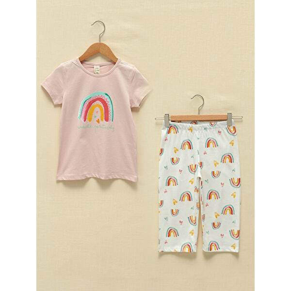 Bisiklet Yaka Baskılı Kısa Kollu Organik Pamuklu Kız Çocuk Pijama Takımı