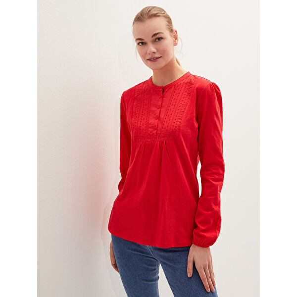 LCW GRACE Bisiklet Yaka Düğme Detaylı Nakışlı Bluz