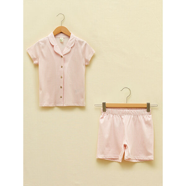 Gömlek Yaka Çizgili Kısa Kollu Organik Pamuklu Kız Çocuk Pijama Takımı