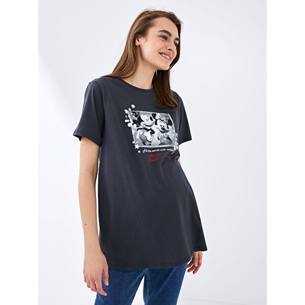 Bisiklet Yaka Minnie ve Mickey Mouse Baskılı Hamile Tişört