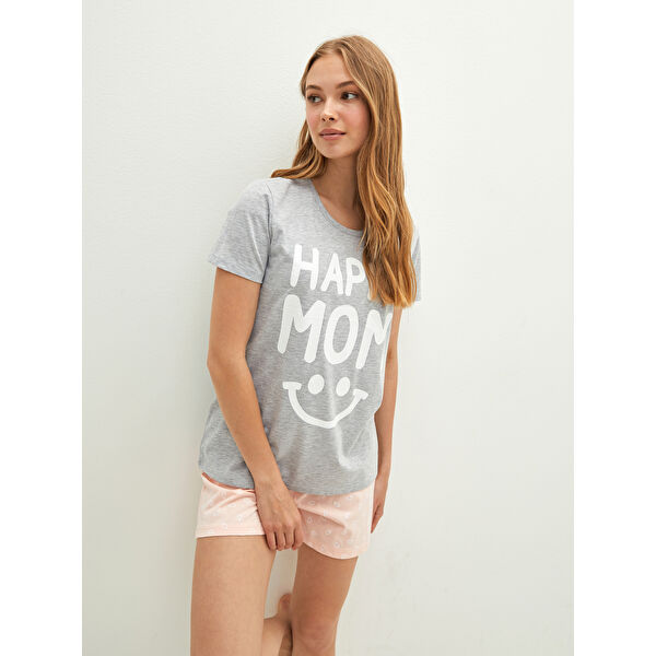 LCW DREAM Bisiklet Yaka Baskılı Kısa Kollu Pamuklu Kadın Şortlu Pijama Takımı