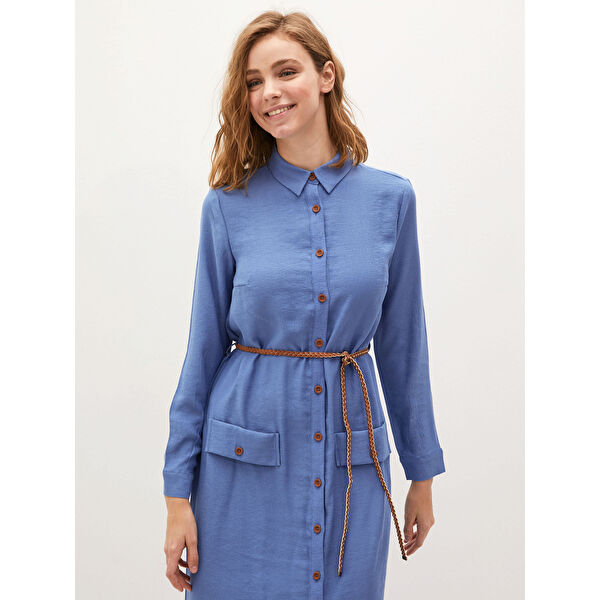 LCW CLASSIC Gömlek Yaka Kemer Detaylı Uzun Kollu Kadın Elbise