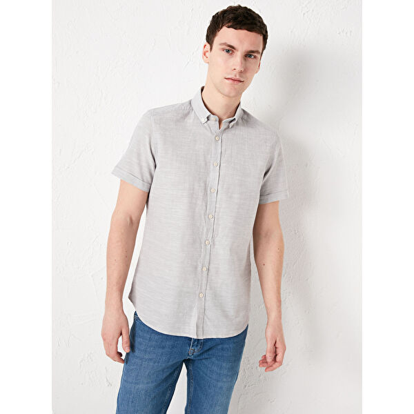 Slim Fit Kısa Kollu Desenli Keten Erkek Gömlek