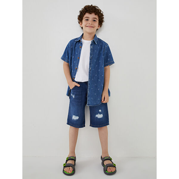 Desenli Kısa Kollu Erkek Çocuk Jean Gömlek
