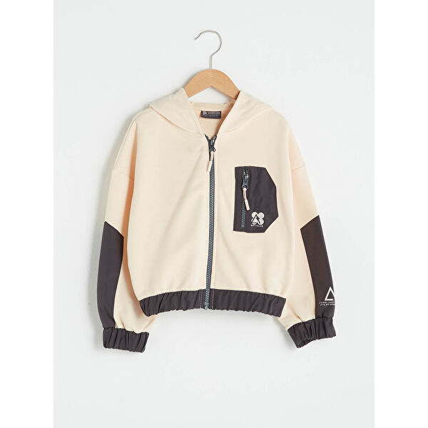 Kapüşonlu Renk Bloklu Uzun Kollu Kız Çocuk Fermuarlı Sweatshirt