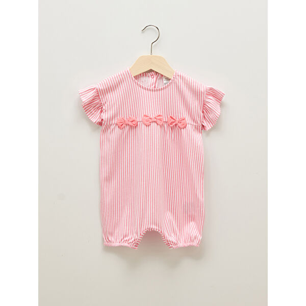 Bisiklet Yaka Kısa Kollu Çizgili Pamuklu Kız Bebek Tulum