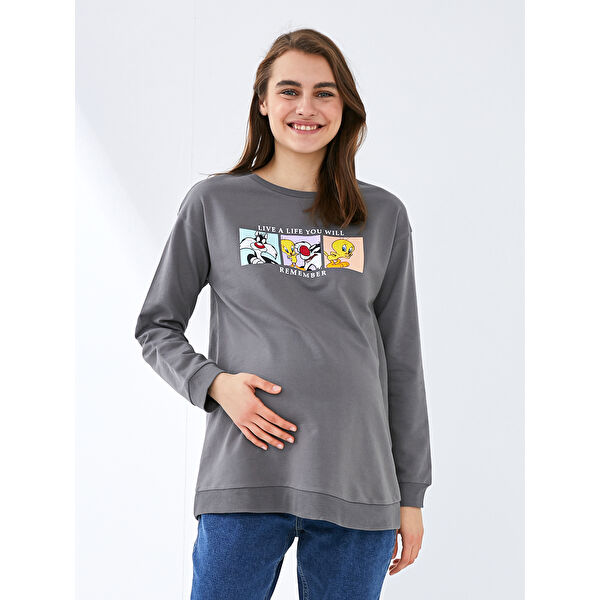Bisiklet Yaka Looney Tunes Baskılı Uzun Kollu Hamile Sweatshirt