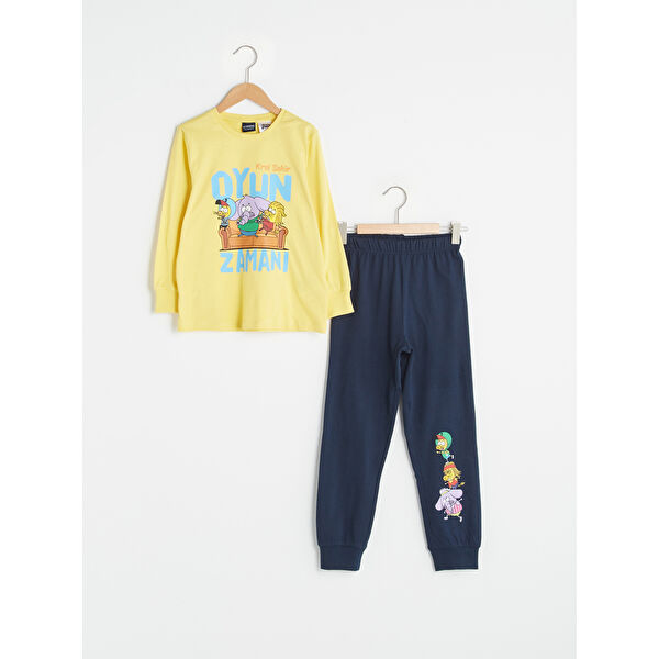 Bisiklet Yaka Kral Şakir Baskılı Uzun Kollu Pamuklu Erkek Çocuk Pijama Takımı