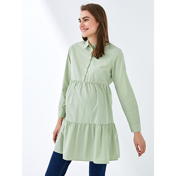 Gömlek Yaka Fırfır Detaylı Uzun Kollu Hamile Tunik