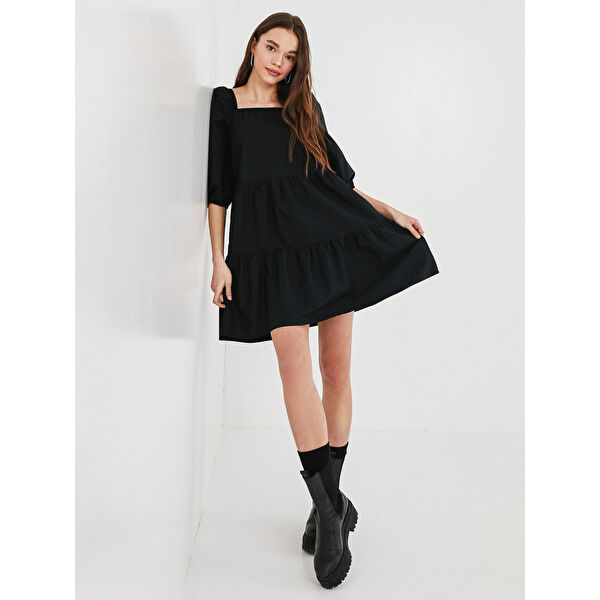 LCW CASUAL Kare Yaka Düz Balon Kollu Poplin Kadın Elbise