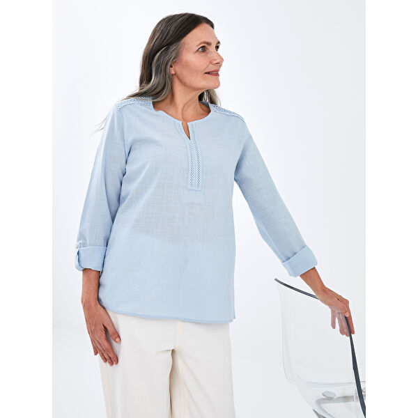 LCW GRACE Kaçık Yaka Dantel Detaylı Uzun Kollu Poplin Kadın Bluz