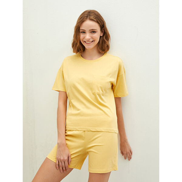 LCW DREAM Bisiklet Yaka Düz Kısa Kollu Pamuklu Kadın Şortlu Pijama Takımı