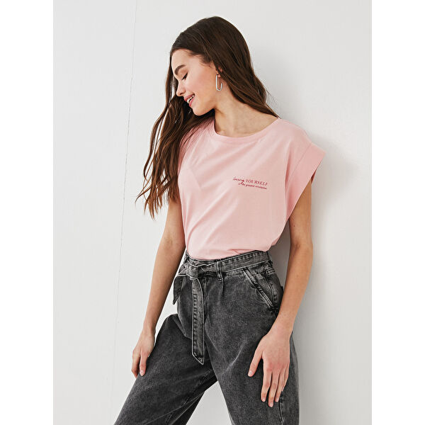 LCW CASUAL Bisiklet Yaka Baskılı Kolsuz Pamuklu Kadın Tişört