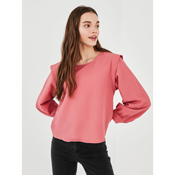 LCW CASUAL Bisiklet Yaka Düz Uzun Kollu Dobby Kumaştan Kadın Bluz