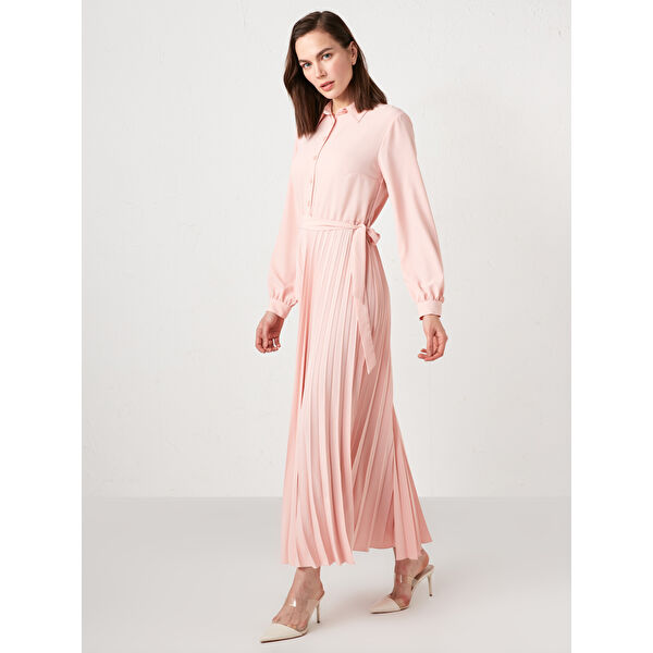 LCW CLASSIC Gömlek Yaka Beli Bağlama Detaylı Pileli Kadın Elbise