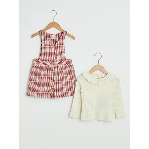 Bisiklet Yaka Uzun Kol Kız Bebek Tişört ve Ekose Elbise 2'li Takım Bisiklet Yaka Uzun Kol Kız Bebek Tişört ve Ekose Elbise 2'li Takım