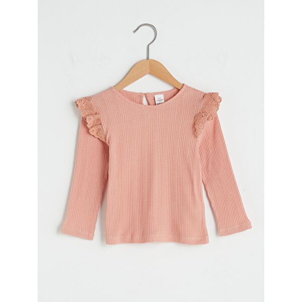 Bisiklet Yaka Uzun Kol Kendinden Desenli Kız Bebek Tişört