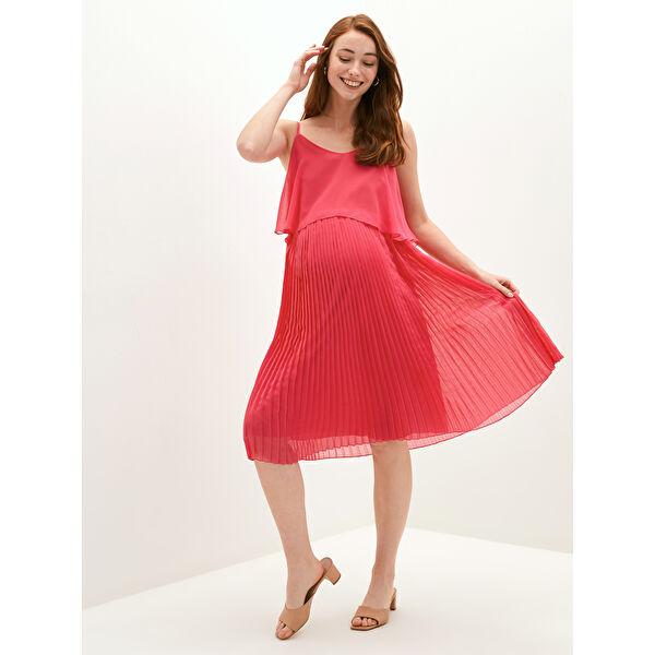 Askılı V Yaka Düz Şifon Kumaş Hamile Pileli Elbise