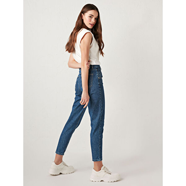 Yüksek Bel Yırtık Desenli Kadın Rodeo Jean Pantolon