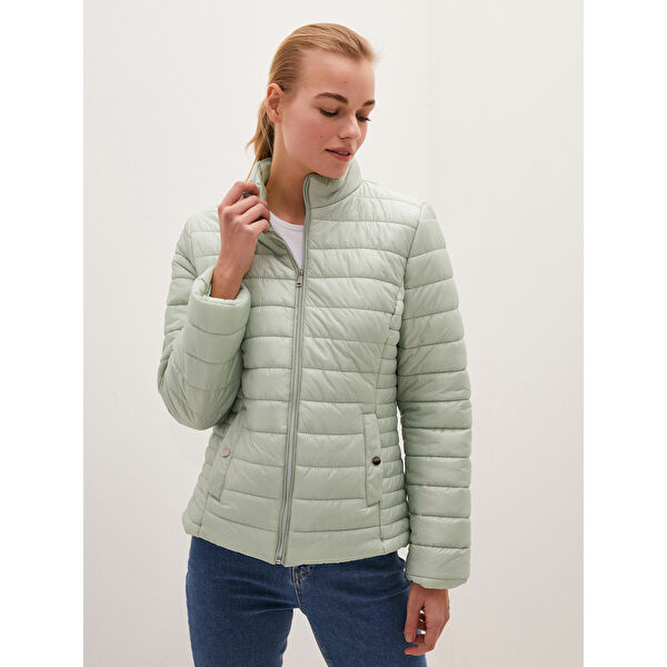 Dik Yaka Fermuarlı Uzun Kollu Kadın Şişme Mont