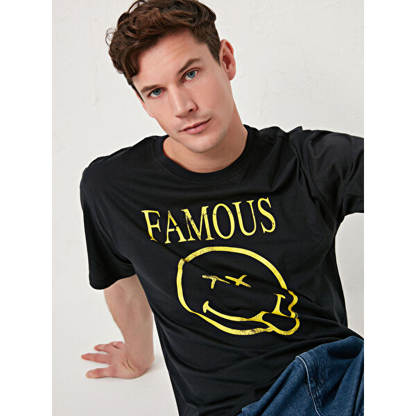 LCW CASUAL Bisiklet Yaka Kısa Kollu Smiley Baskılı Penye Erkek Tişört