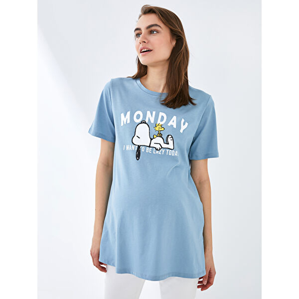 Bisiklet Yaka Snoopy Baskılı Kısa Kollu Pamuklu Hamile Tişört