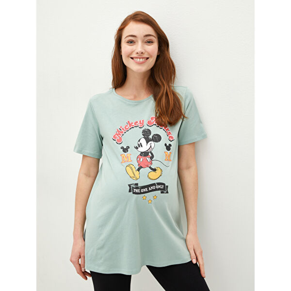 Bisiklet Yaka Mickey Mouse Baskılı Kısa Kollu Pamuklu Hamile Tişört