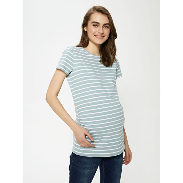 Bisiklet Yaka Çizgi Desenli Kısa Kollu Pamuklu Hamile Tişört Bisiklet Yaka Çizgi Desenli Kısa Kollu Pamuklu Hamile Tişört