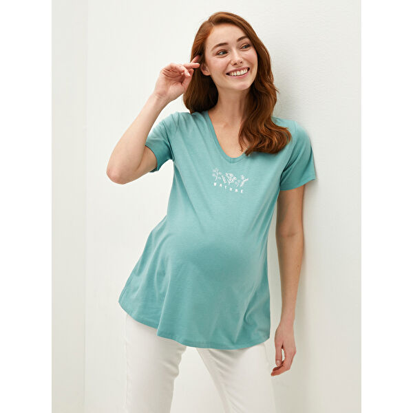 V Yaka Baskılı Kısa Kollu Pamuklu Hamile Tişört