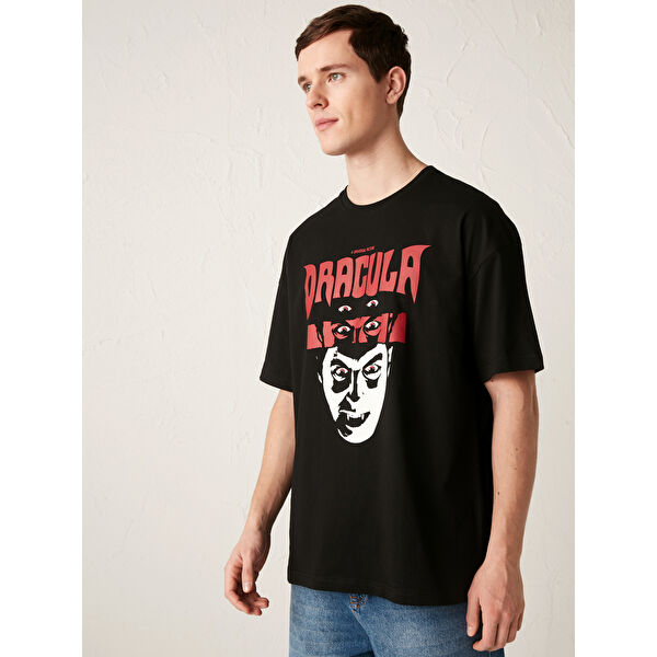 LCW CASUAL Oversize Bisiklet Yaka Dracula Baskılı Penye Tişört
