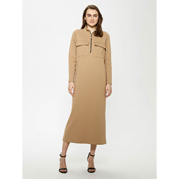 LCW CLASSIC Fermuarlı Dik Yaka Cep Detaylı Uzun Kollu Kadın Elbise